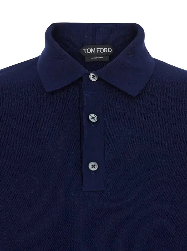TOM FORD Blue Polo Shirt With Classic Collar And Front Button Closure In Silk And Cotton Blend For - Multicolor