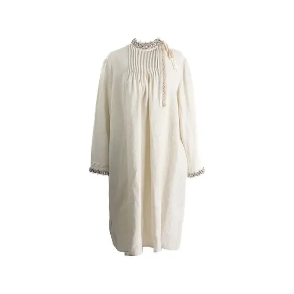 Prada Embellished Neck Long Sleeve Day Dress - Cream