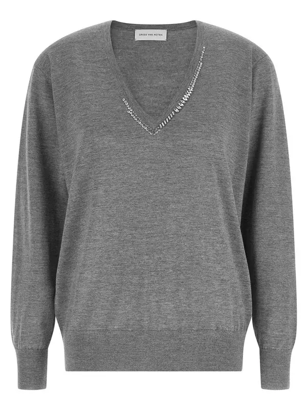 Dries Van Noten Tuomas Merino Wool Sweater With Crystal Embellishment - Gray