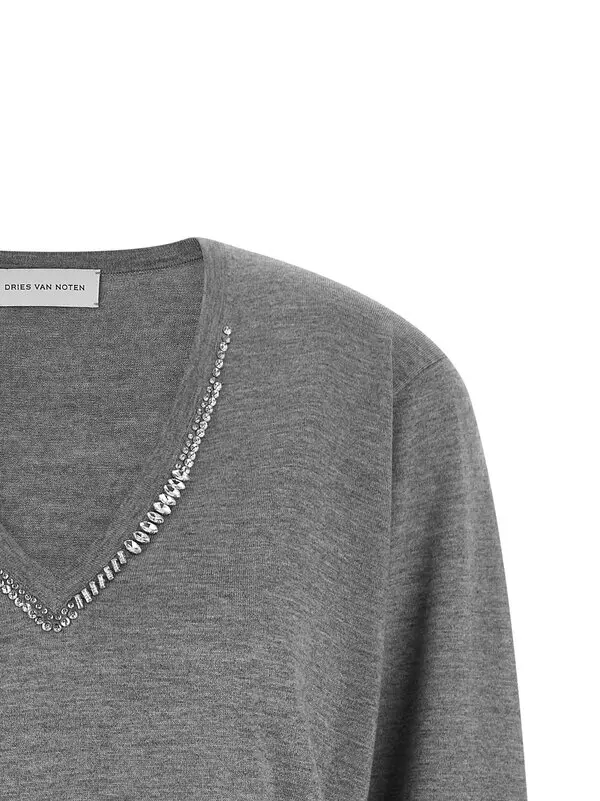 Dries Van Noten Tuomas Merino Wool Sweater With Crystal Embellishment - Gray