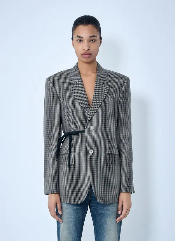 Balenciaga Single-breasted Check Pattern Blazer With Tie Detail - Gray