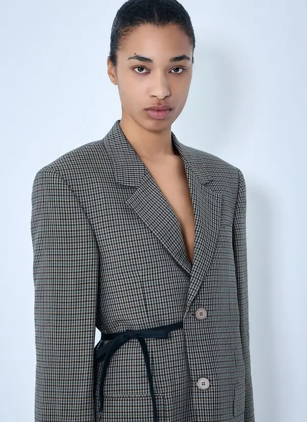 Balenciaga Single-breasted Check Pattern Blazer With Tie Detail - Gray