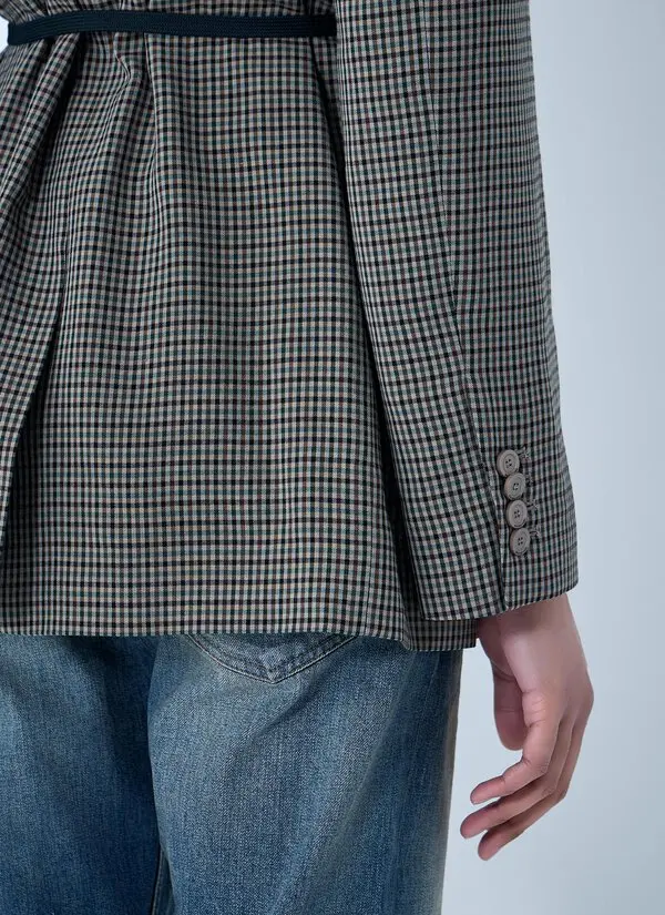 Balenciaga Single-breasted Check Pattern Blazer With Tie Detail - Gray