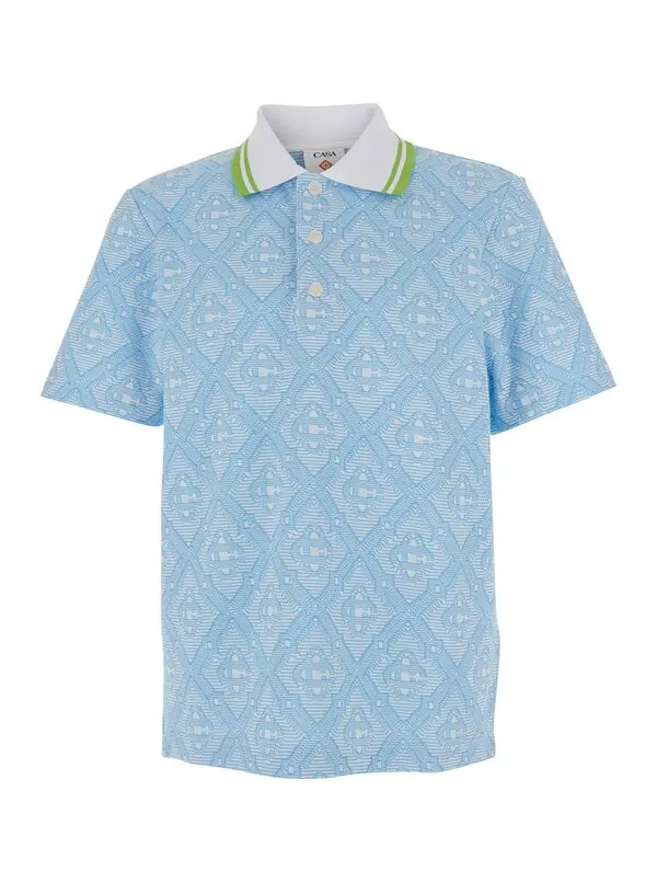 Casablanca Light Blue Polo Shirt With Classic Bicolor Collar And All-over Embroidery In Cotton Blend - Multicolor