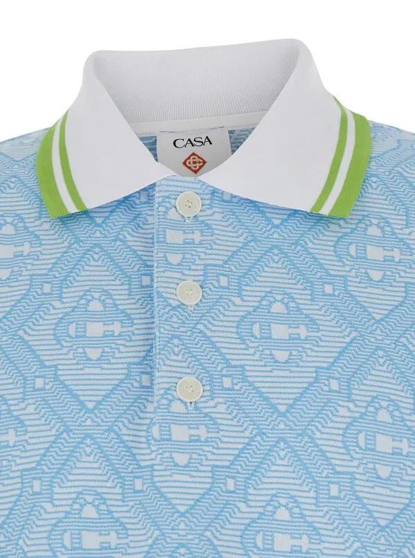 Casablanca Light Blue Polo Shirt With Classic Bicolor Collar And All-over Embroidery In Cotton Blend - Multicolor