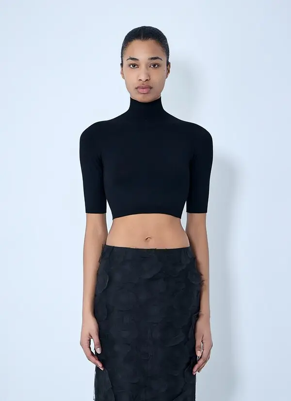 Max Mara High Neck Cropped Knit Top With Short Sleeves - Black