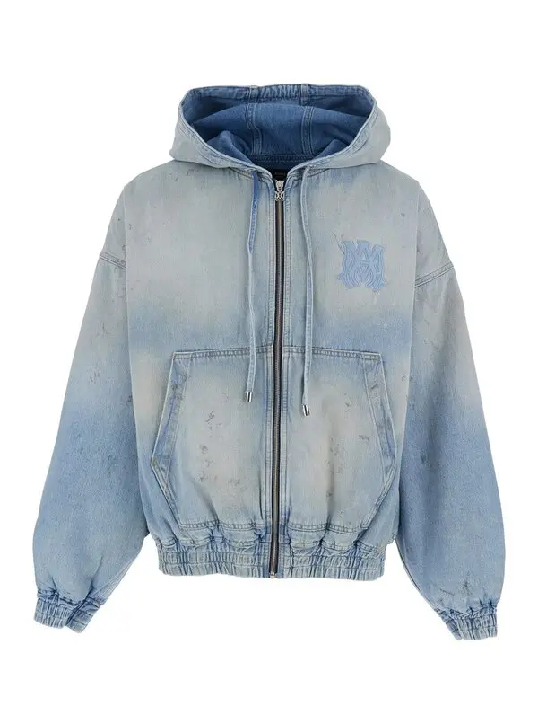Amiri Denim Jacket With Drawstring Hood And Embroidered Logo
