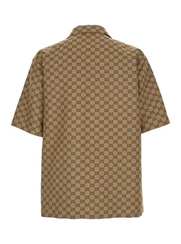 Gucci Beige Bowling Shirt With Gg All-over Motif In Linen - Multicolor
