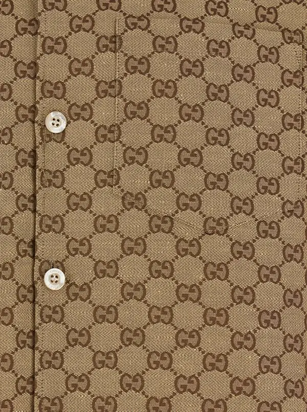 Gucci Beige Bowling Shirt With Gg All-over Motif In Linen - Multicolor
