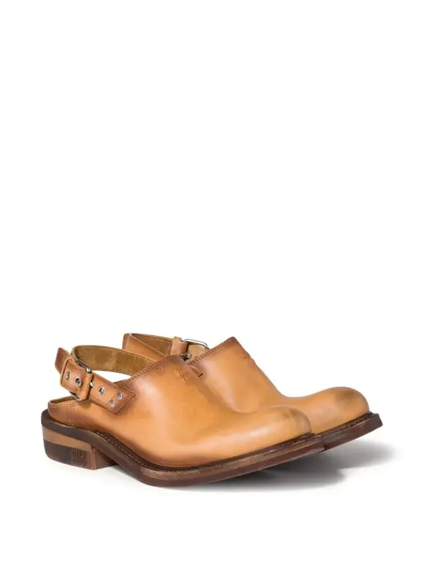 Miu Miu Antiqued Leather Mules - Brown