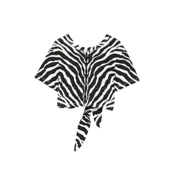 Attico Zebra Print Cropped Tie Detail Short Sleeve Top