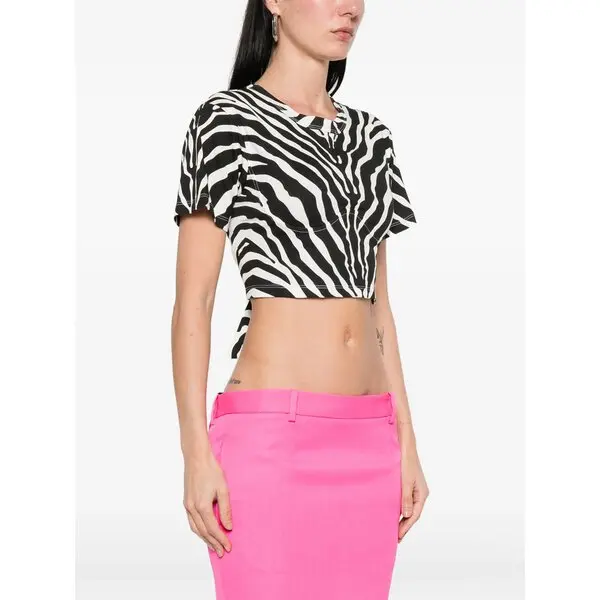 Attico Zebra Print Cropped Tie Detail Short Sleeve Top