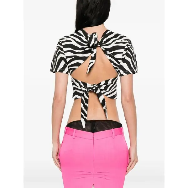 Attico Zebra Print Cropped Tie Detail Short Sleeve Top