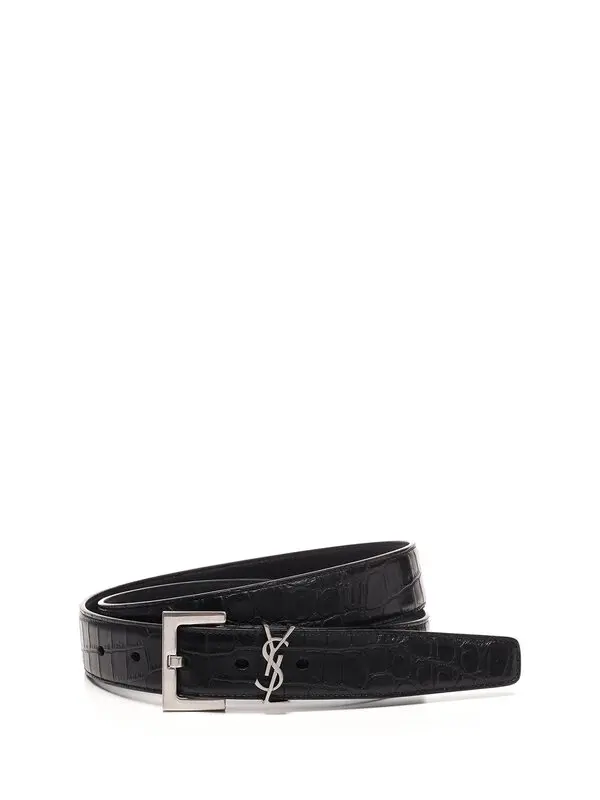 Saint Laurent Embossed Cassandre Leather Belt - Black