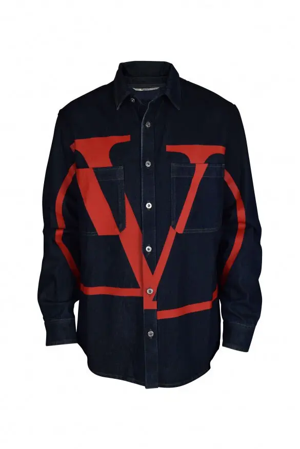 Valentino Garavani Denim Jacket With Red Logo Print - Blue