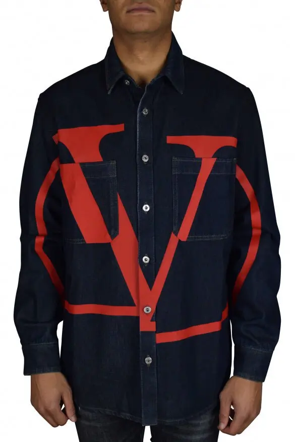 Valentino Garavani Denim Jacket With Red Logo Print - Blue