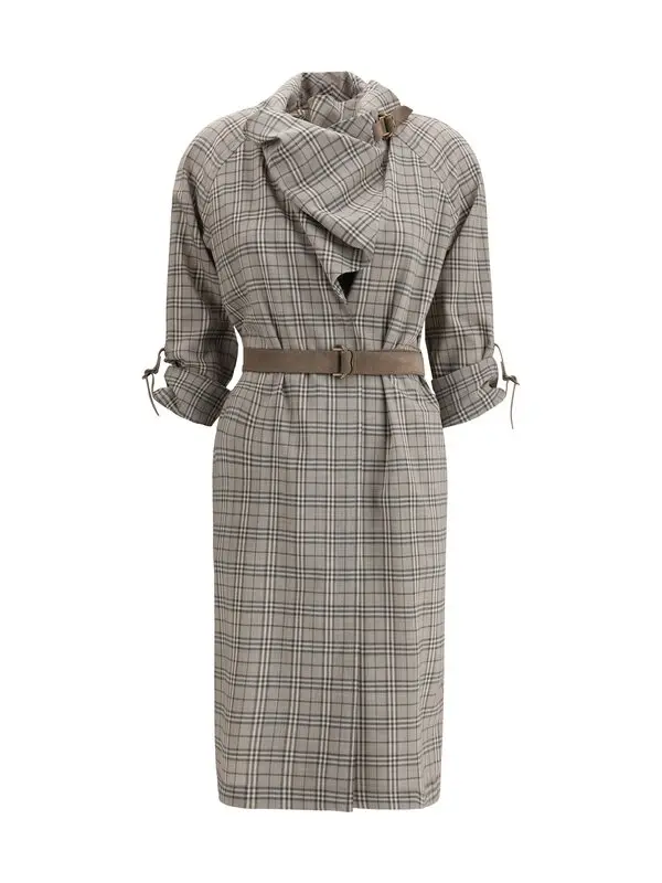 Burberry Wool Check Dress With Shawl Collar And Belted Waist