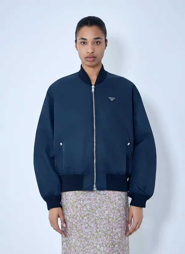 Prada Zip-up Bomber Jacket With Logo Plaque - Blue