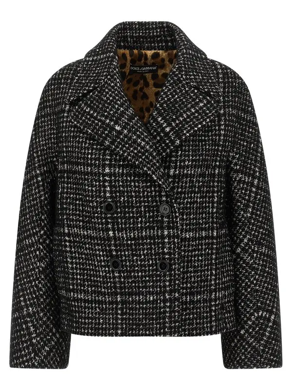 Dolce & Gabbana Houndstooth Patterned Virgin Wool Blend Short Coat