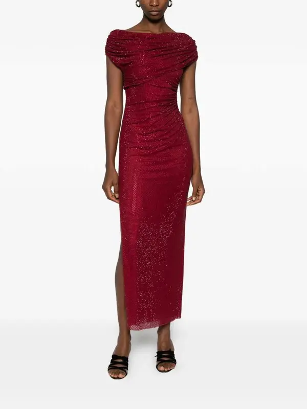 SELF-PORTRAIT Draped Embellished Midi Dress - Red