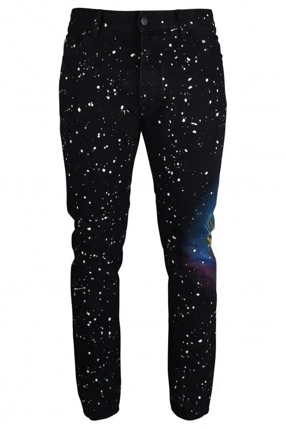 Palm Angels Straight Leg Jeans With Paint Splatter And Cactus Print - Black