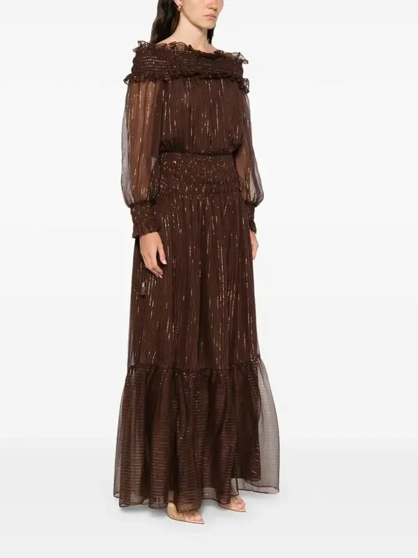 SELF-PORTRAIT Long Silk Blend Dress With Striped Metallic Pattern - Brown