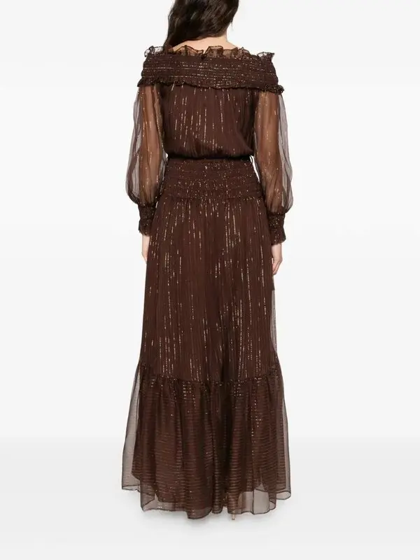 SELF-PORTRAIT Long Silk Blend Dress With Striped Metallic Pattern - Brown