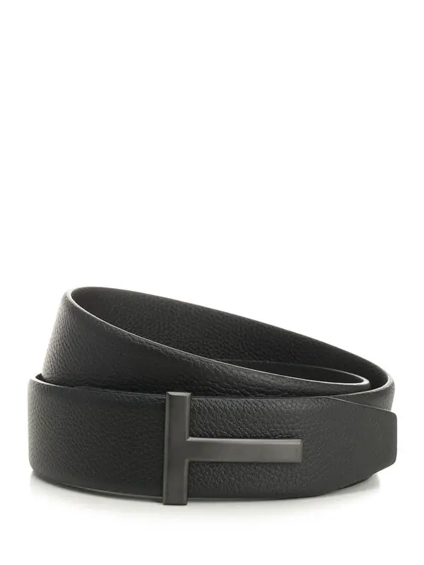 TOM FORD Reversible Leather Belt With Burnished Metal Buckle - Black