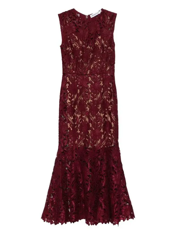 SELF-PORTRAIT Sleeveless Lace Midi Dress With Belt Detail - Red