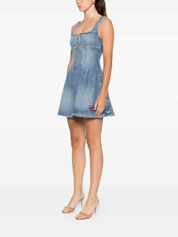 SELF-PORTRAIT Short Denim Dress With Zip And Embroidery