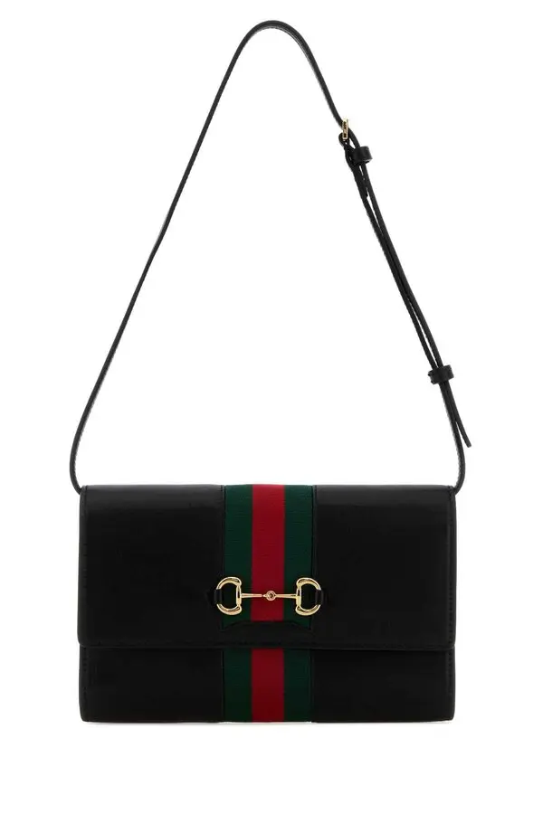 Gucci Leather Horsebit Web Wallet With Shoulder Strap - Black