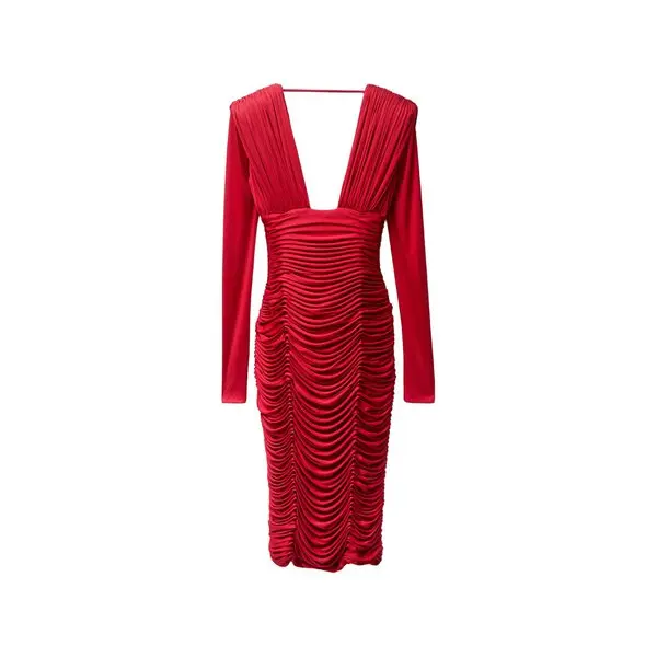 Versace Draped Long Sleeve Midi Dress - Red