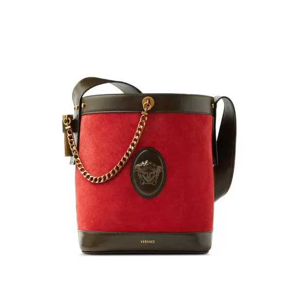 Versace Suede Bucket Bag With Medusa Cameo Patch