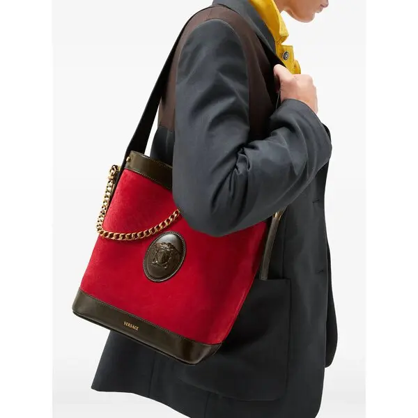 Versace Suede Bucket Bag With Medusa Cameo Patch