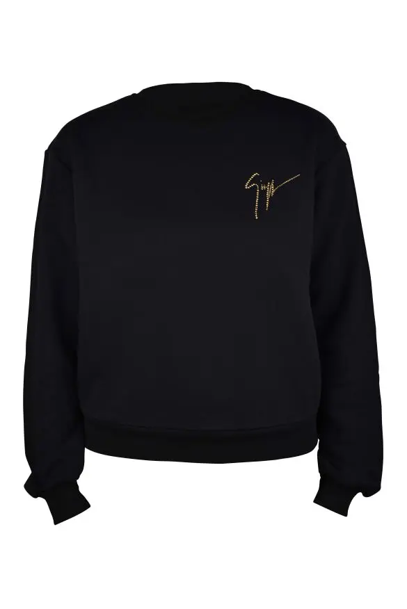 GIUSEPPE ZANOTTI Cotton Crewneck Sweatshirt With Gold Rhinestone Embroidery - Black