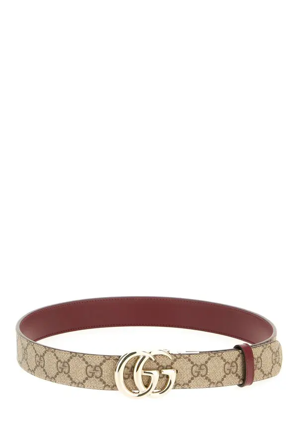 Gucci Monogrammed Canvas Belt With Leather Trim And Gold Tone Interlocking G Buckle - Multicolor