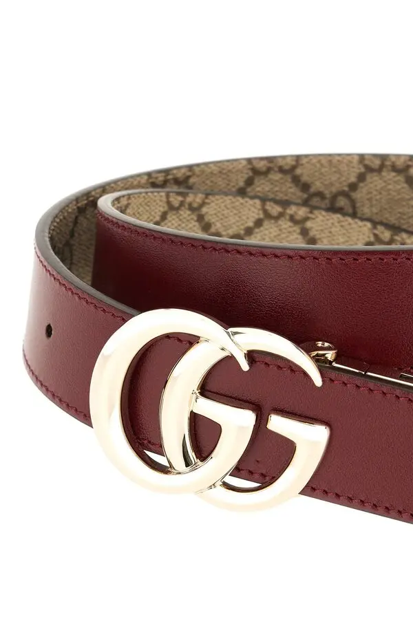 Gucci Monogrammed Canvas Belt With Leather Trim And Gold Tone Interlocking G Buckle - Multicolor