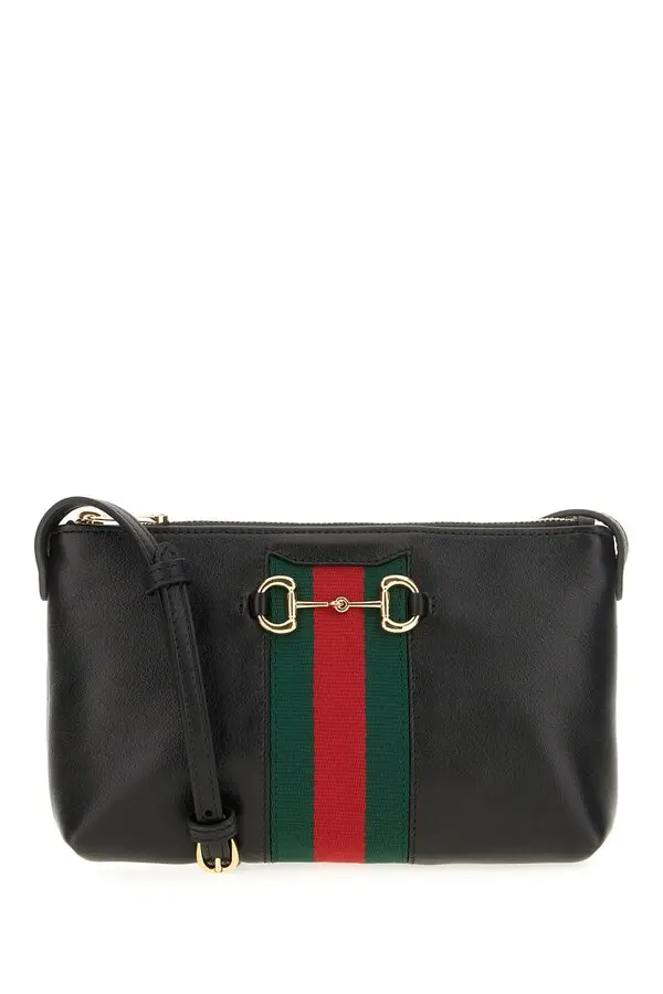 Gucci Black Leather Shopper Bag With Green And Red Stripe Detail
