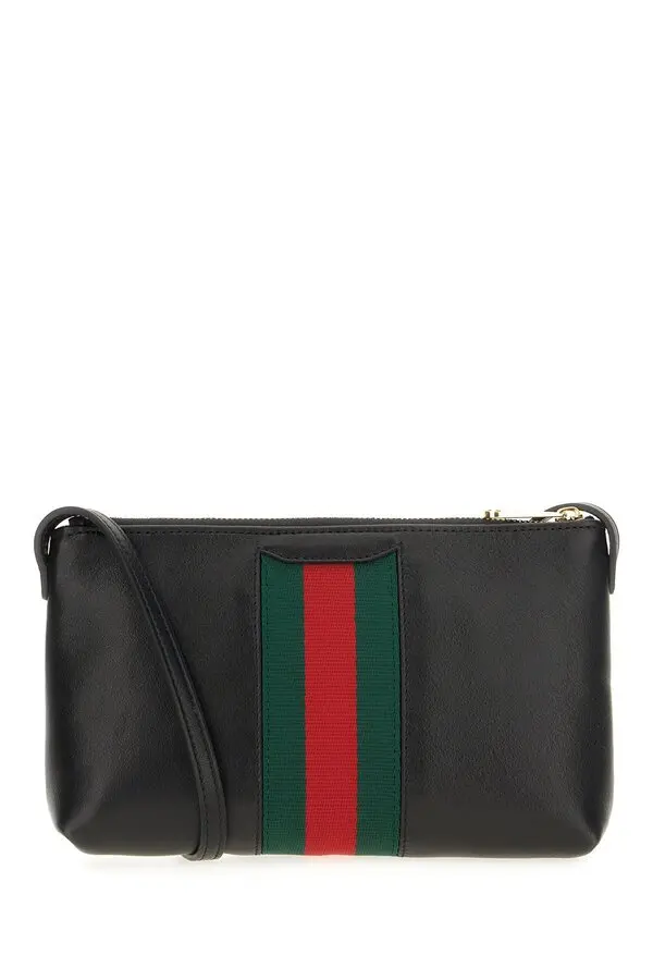 Gucci Black Leather Shopper Bag With Green And Red Stripe Detail