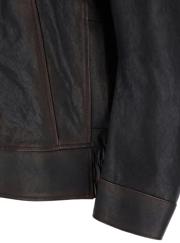 GOLDEN GOOSE Leather Jacket With Classic Collar And Distressed Effect - Multicolor