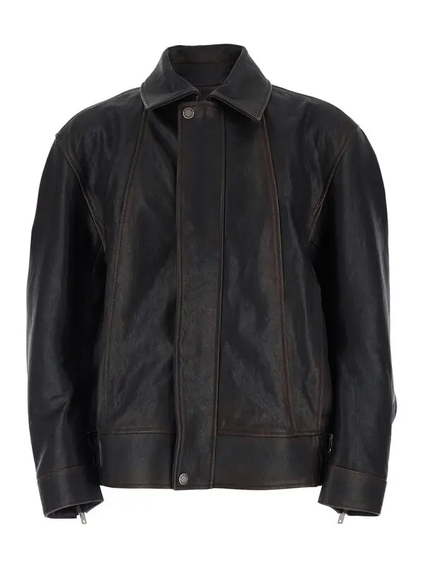 GOLDEN GOOSE Leather Jacket With Classic Collar And Distressed Effect - Multicolor