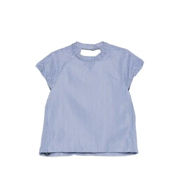 Sacai Striped Short Sleeve Crewneck Top With Open Back Detail - Blue