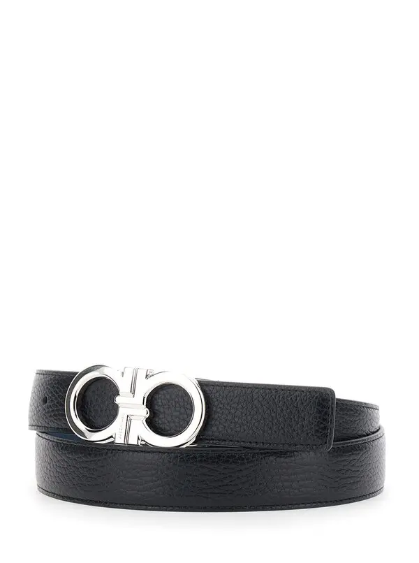 FERRAGAMO Reversible Belt With Gancini Buckle In Hammered Leather - Black