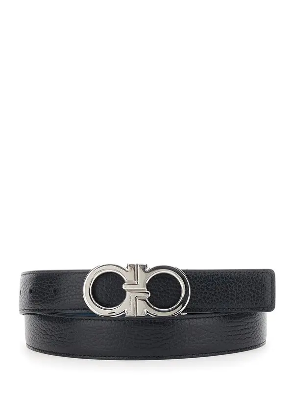 FERRAGAMO Reversible Belt With Gancini Buckle In Hammered Leather - Black