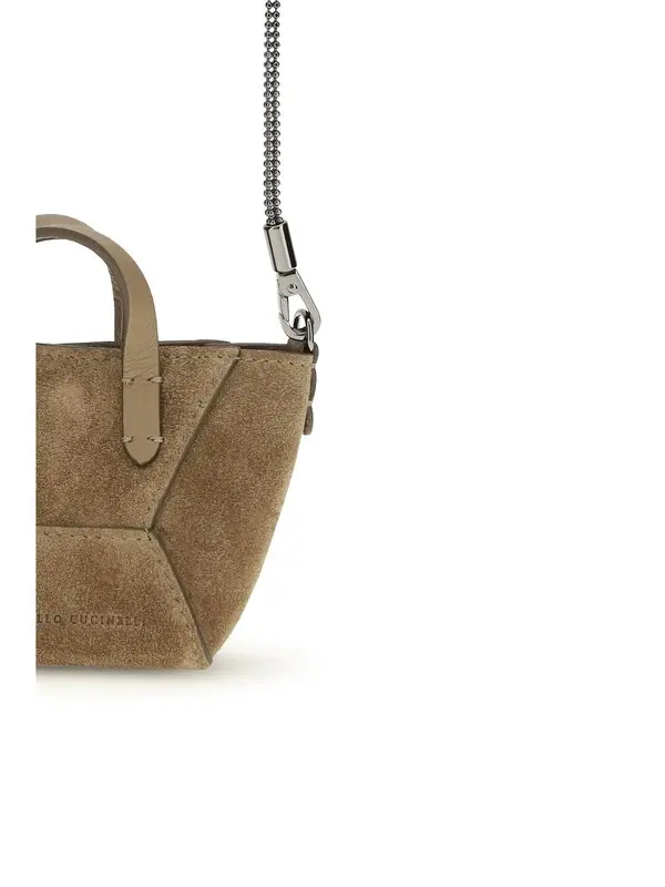 Brunello Cucinelli Micro Suede Shoulder Bag With Precious Chain - Brown