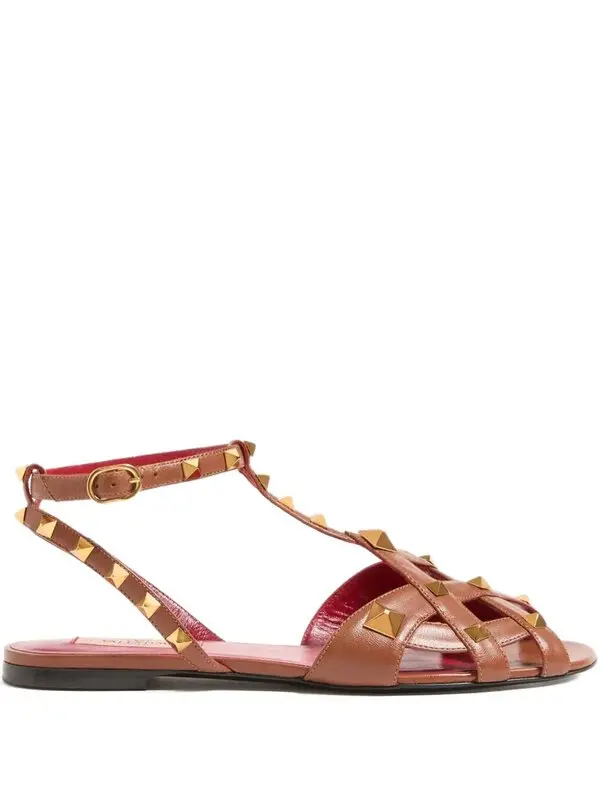 Valentino Garavani Studded Kidskin Flat Sandals - Brown