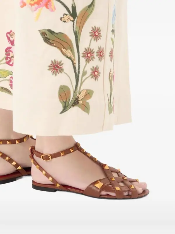 Valentino Garavani Studded Kidskin Flat Sandals - Brown