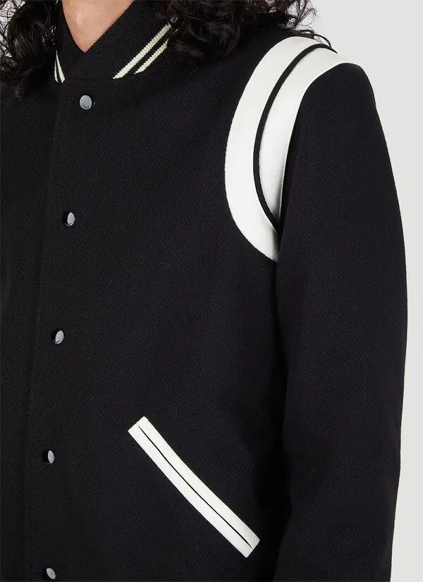 Saint Laurent Wool Varsity Bomber Jacket With Leather Trim - Black