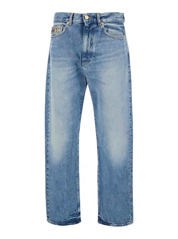 Versace Light Blue Denim Jeans With Logo Patch - Multicolor
