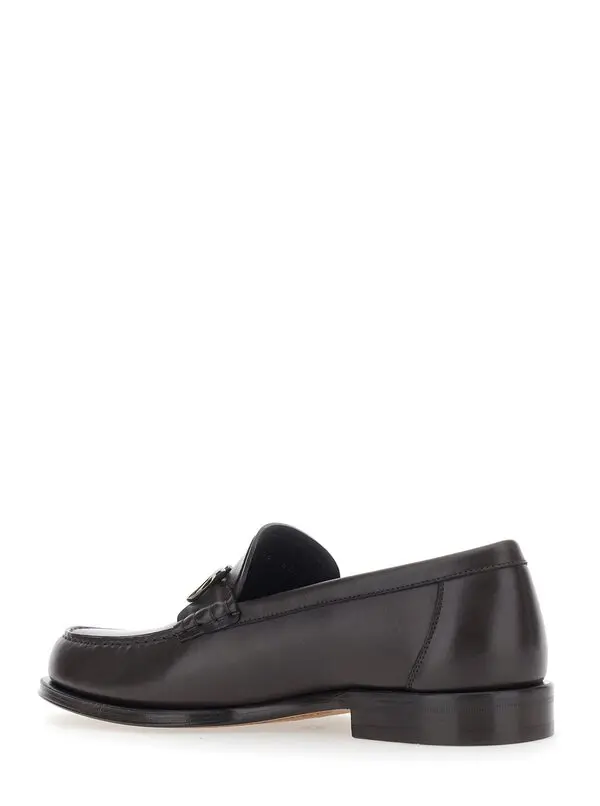 FERRAGAMO Leather Loafers With Metallic Gancini Detail - Brown